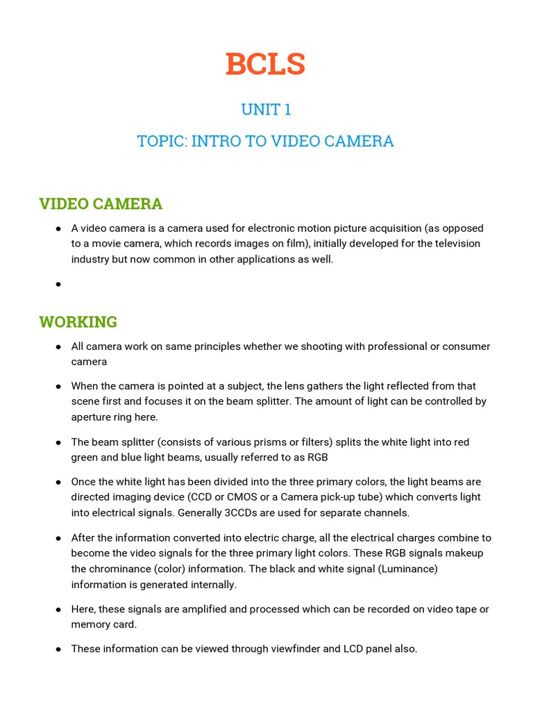 Basics of Video Camera, Light and Sound | PDF | Camera Lens | Zoom Lens