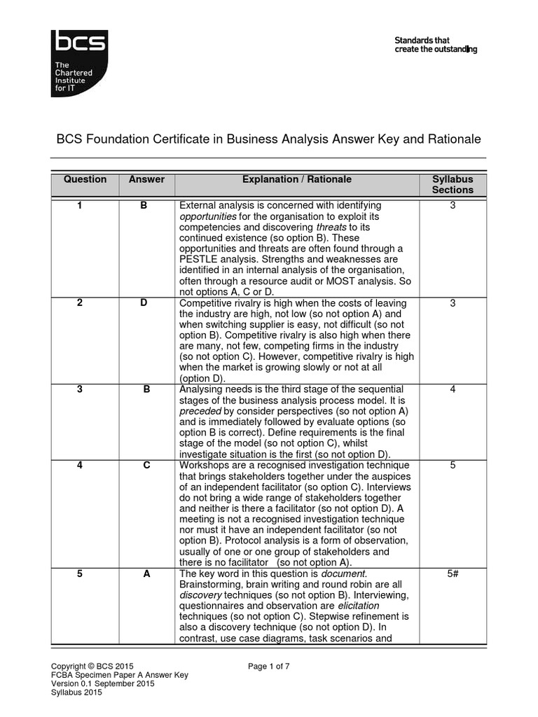 BCS Foundation Certificate in Business Analysis Answer Key and ...