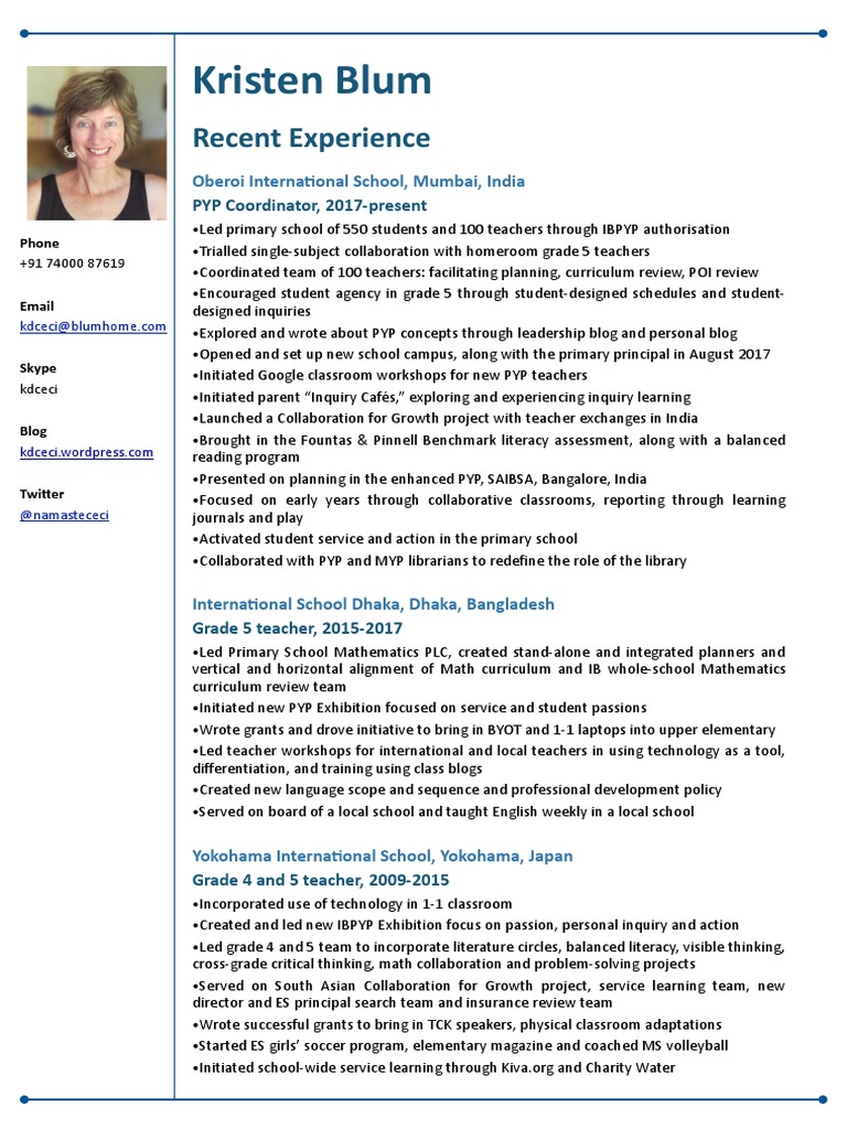Kristen Blum PYP Teacher 2019 CV | PDF | Teachers | Literacy