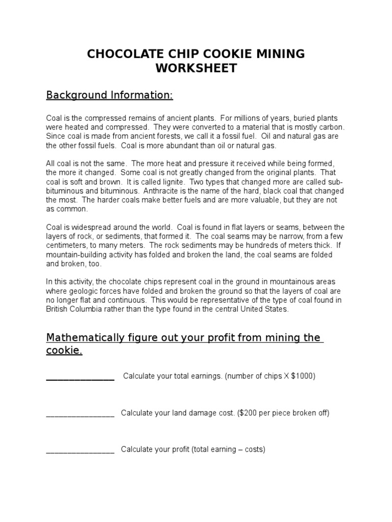 Chocolate Chip Cookie Mining Worksheet | PDF