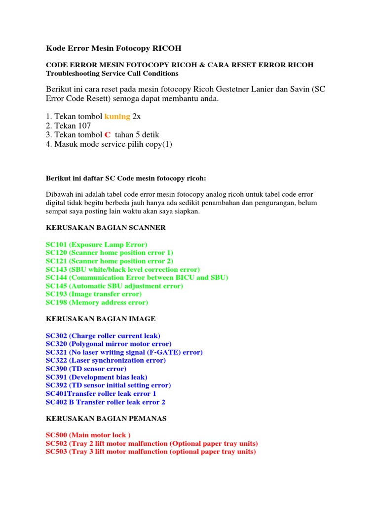 Kode Error Mesin Fotocopy RICOH | PDF | Booting | Random Access Memory