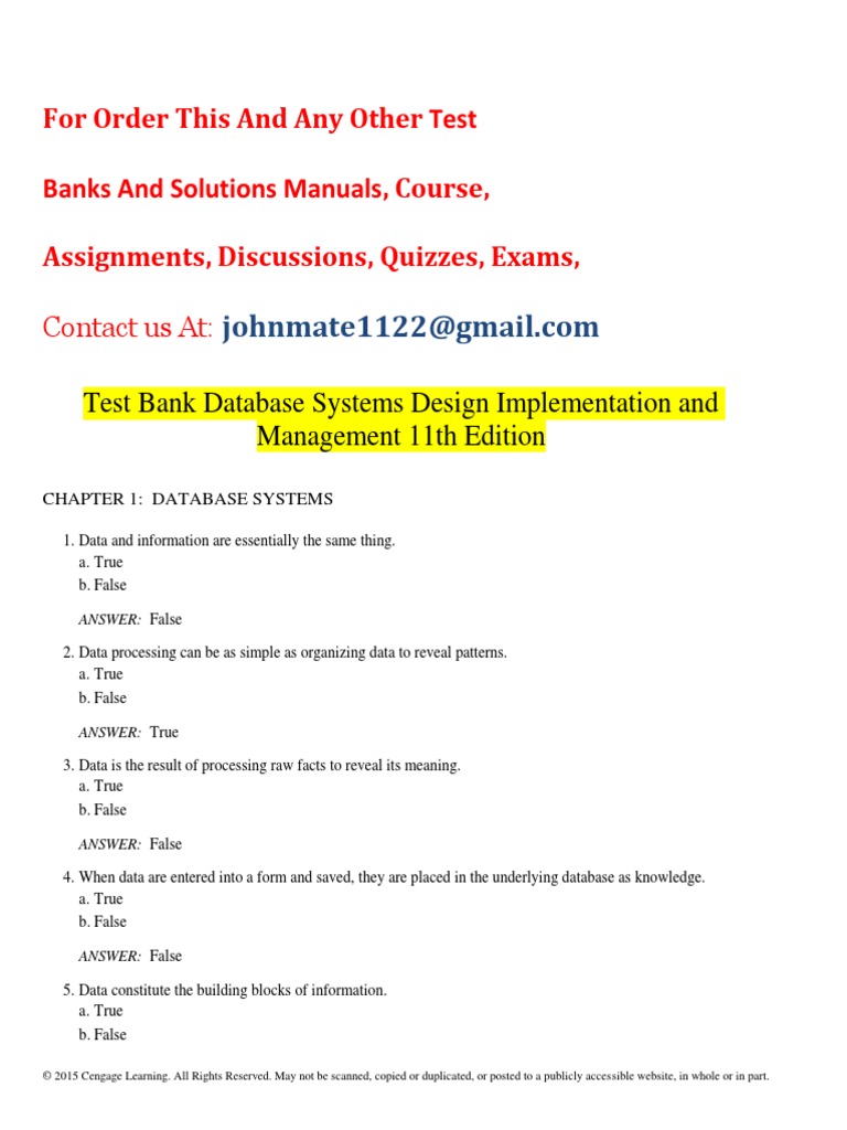 Test Bank Database Systems Design Implementation and Management 11th ...