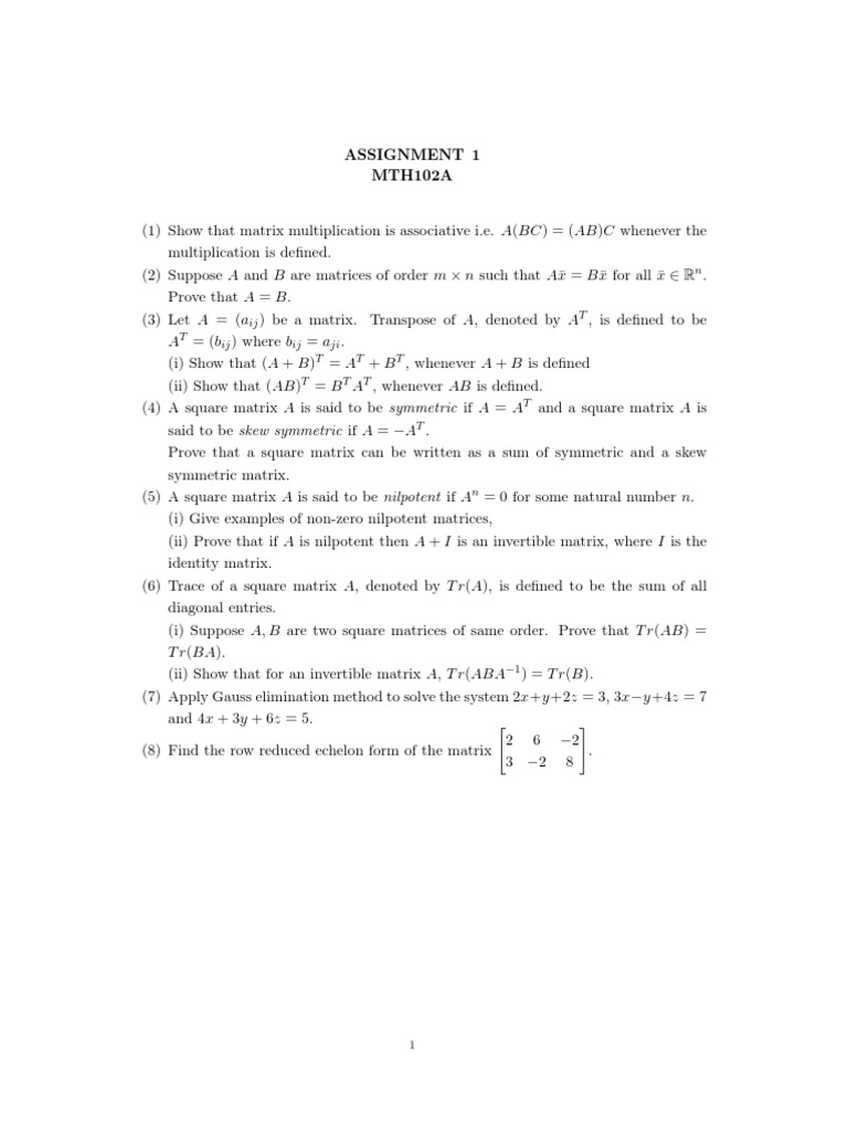 Assignment On Basic Linear Algebra | PDF