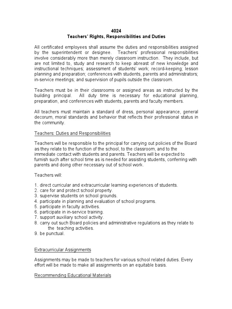 4024 Teachers' Rights, Responsibilities and Duties | PDF | Classroom ...