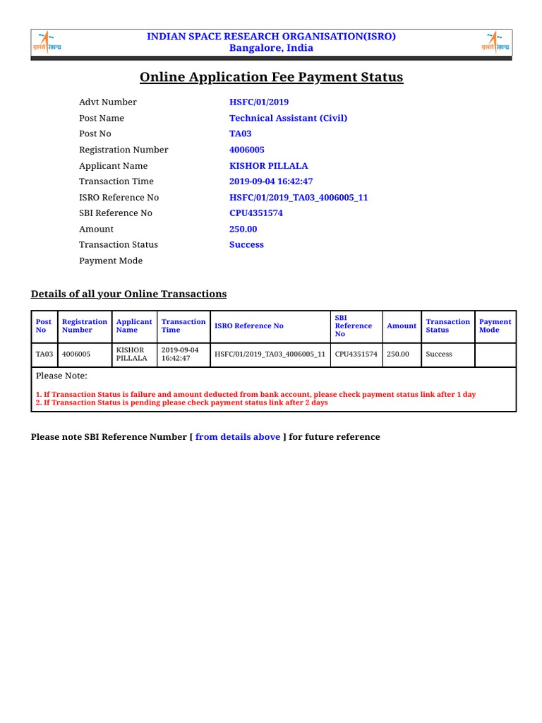 Online Application Fee Payment Status: Indian Space Research Organisation (Isro) Bangalore ...