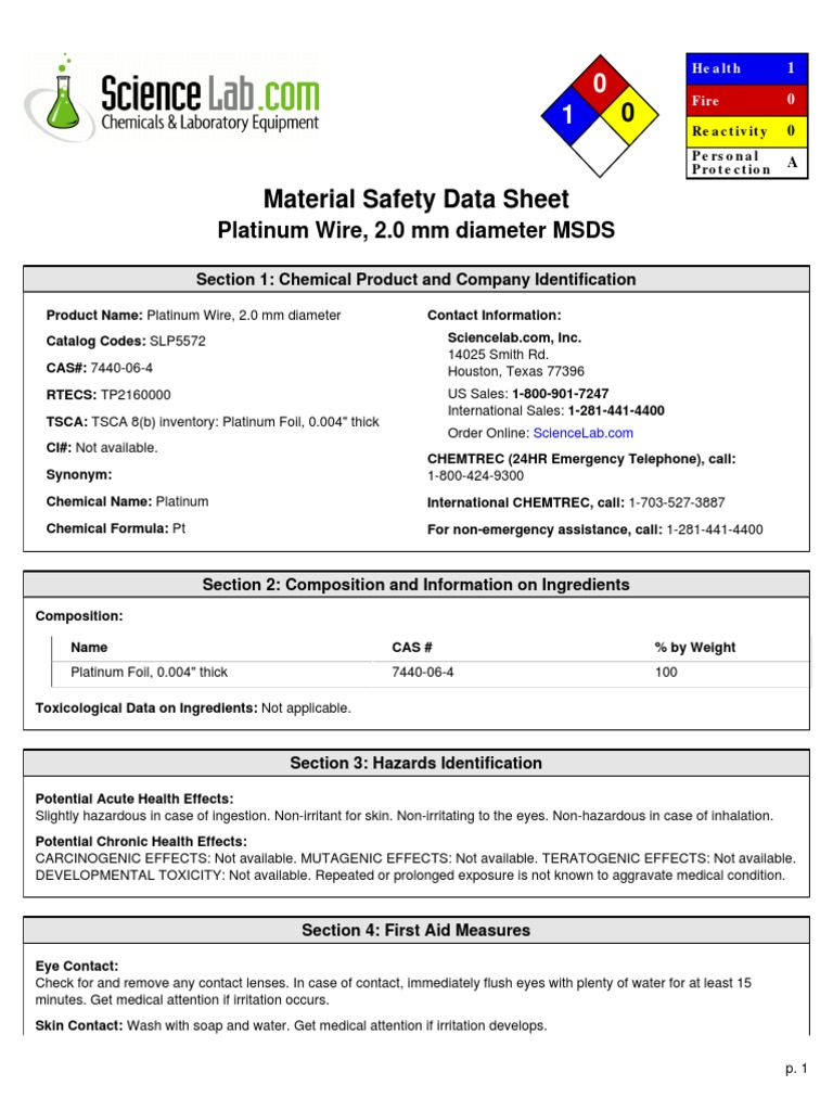 Platinum Wire MSDS | PDF | Toxicity | Dangerous Goods
