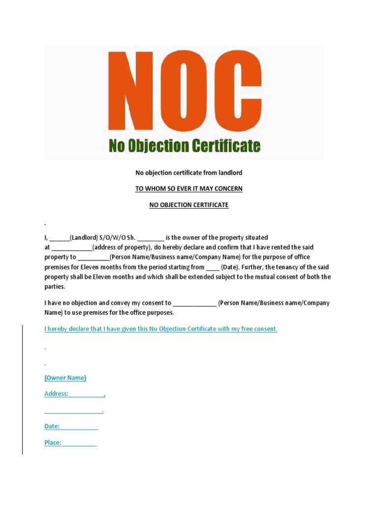 No Objection Certificate From Landlord To Whom So Ever It May Concern ...