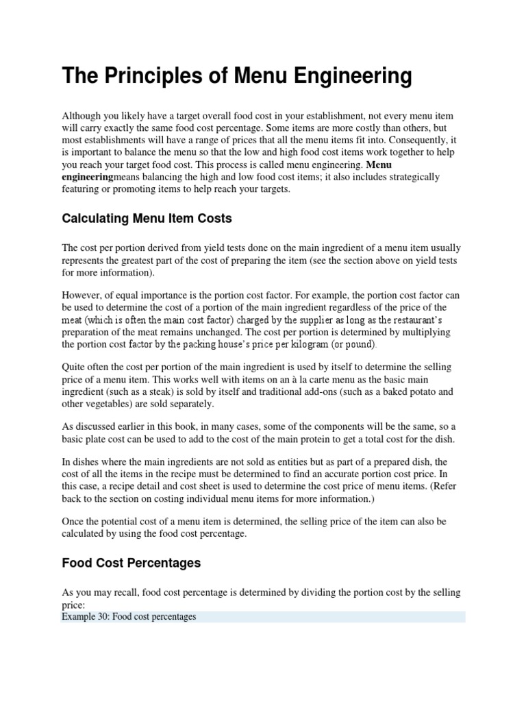 Menu Engineering | PDF | Menu | Prices