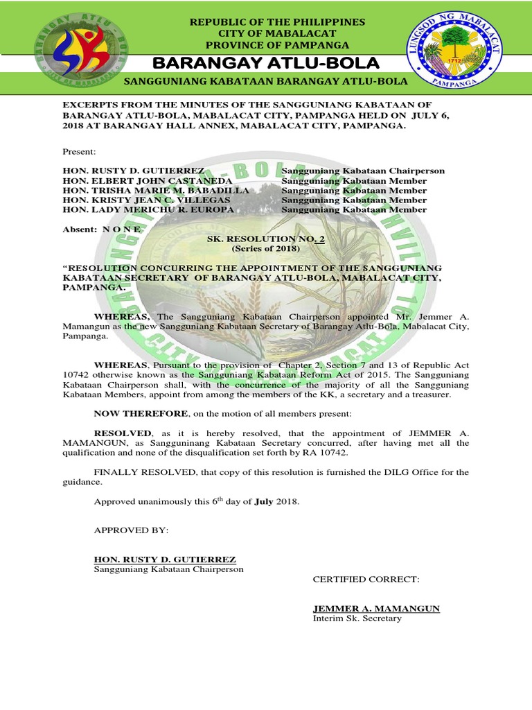 Resolution Appointing Secretary and Treasurer | PDF | Youth ...