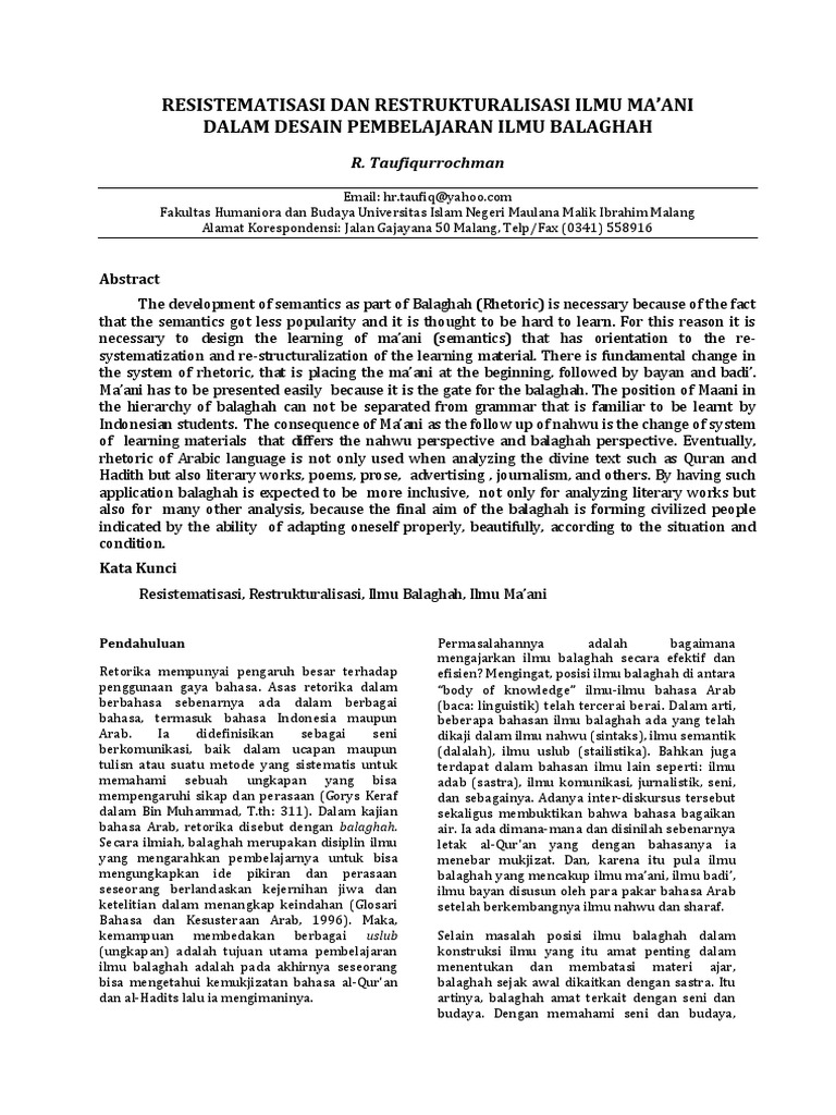 Resistematisasi Dan Restrukturalisasi Ilmu Maani | PDF | Semiotika ...