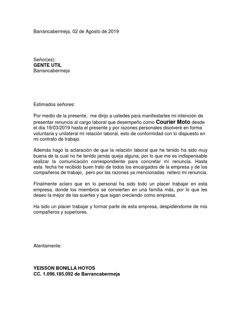 Carta Renuncia Yeisson | PDF