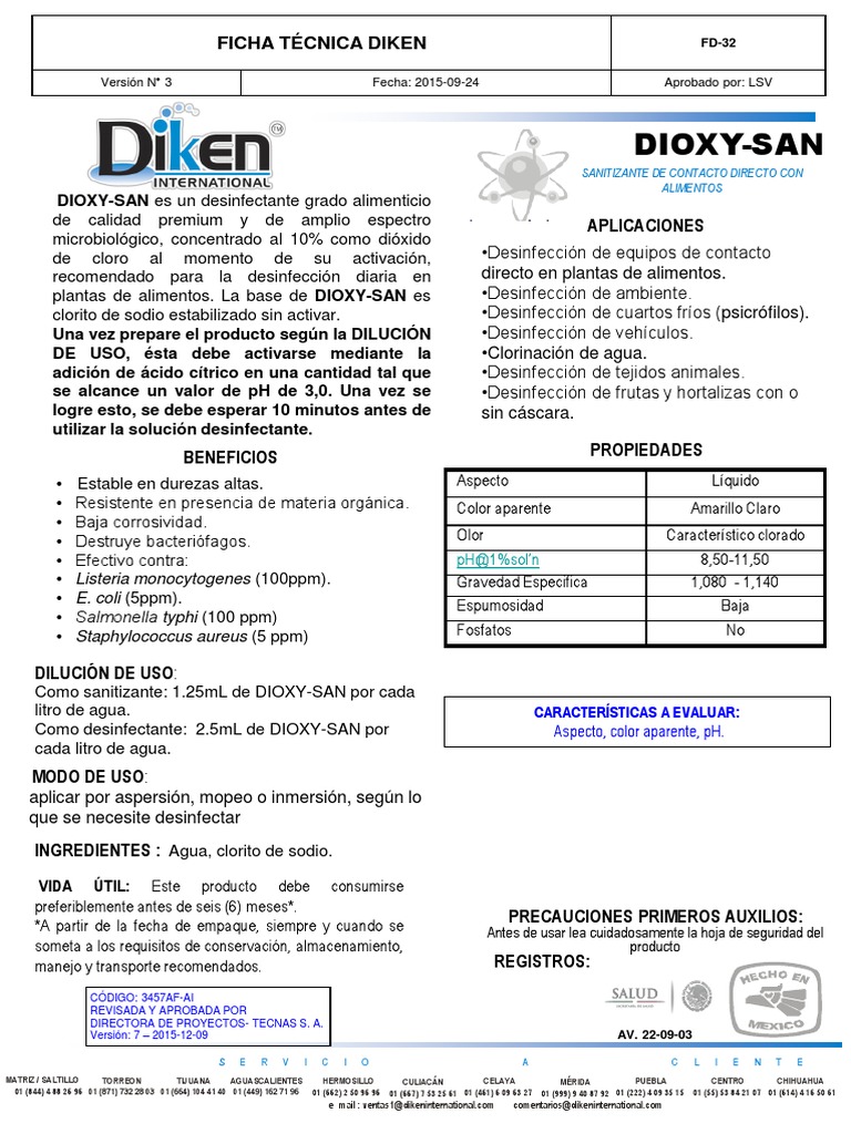 Ficha Técnica de DIOXY-SAN | PDF | Desinfectante | Agua