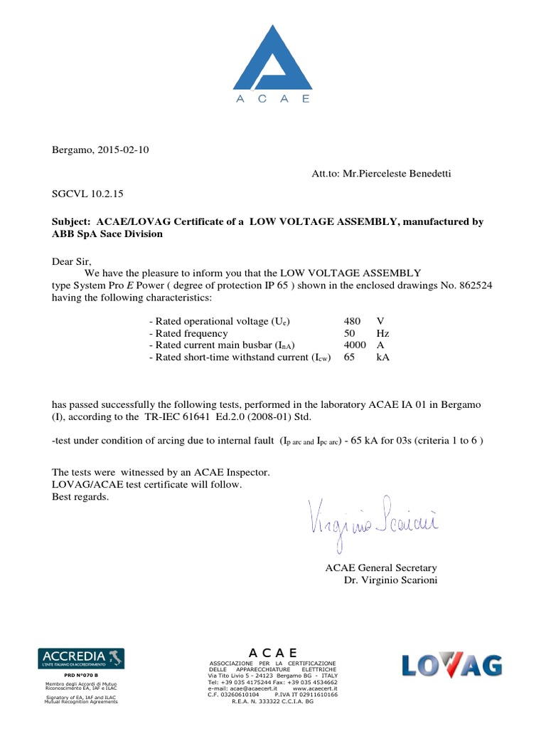 Arc Fault Test Confirmation Letter SGCVL 10.2.15 | PDF | Electrical ...