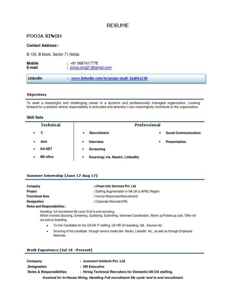A Well-Rounded Resume Showcasing Pooja Singh's Experience and ...