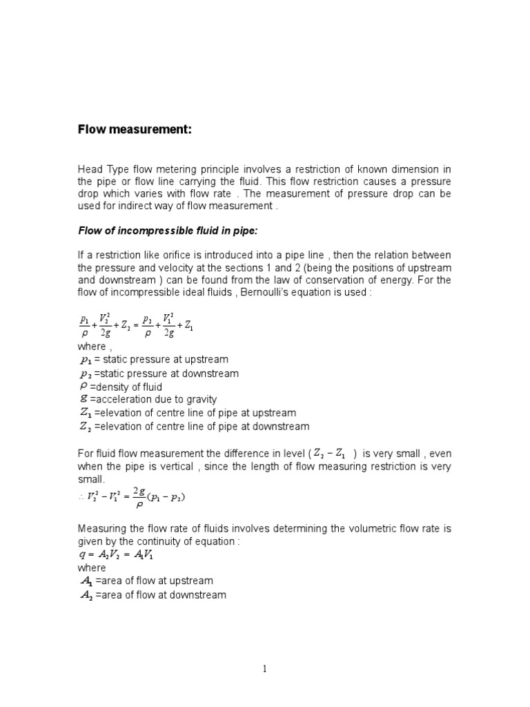 Flow Measurement:: Flow of Incompressible Fluid in Pipe | PDF | Fluid Dynamics | Flow Measurement