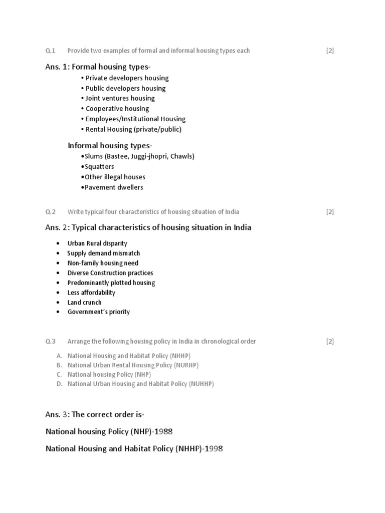 Ans. 1: Formal Housing Types | PDF