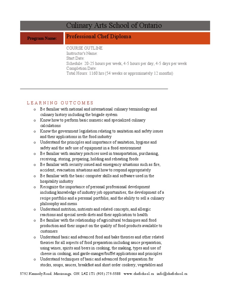 Course Outline - Professional Chef | PDF | Menu | Foods