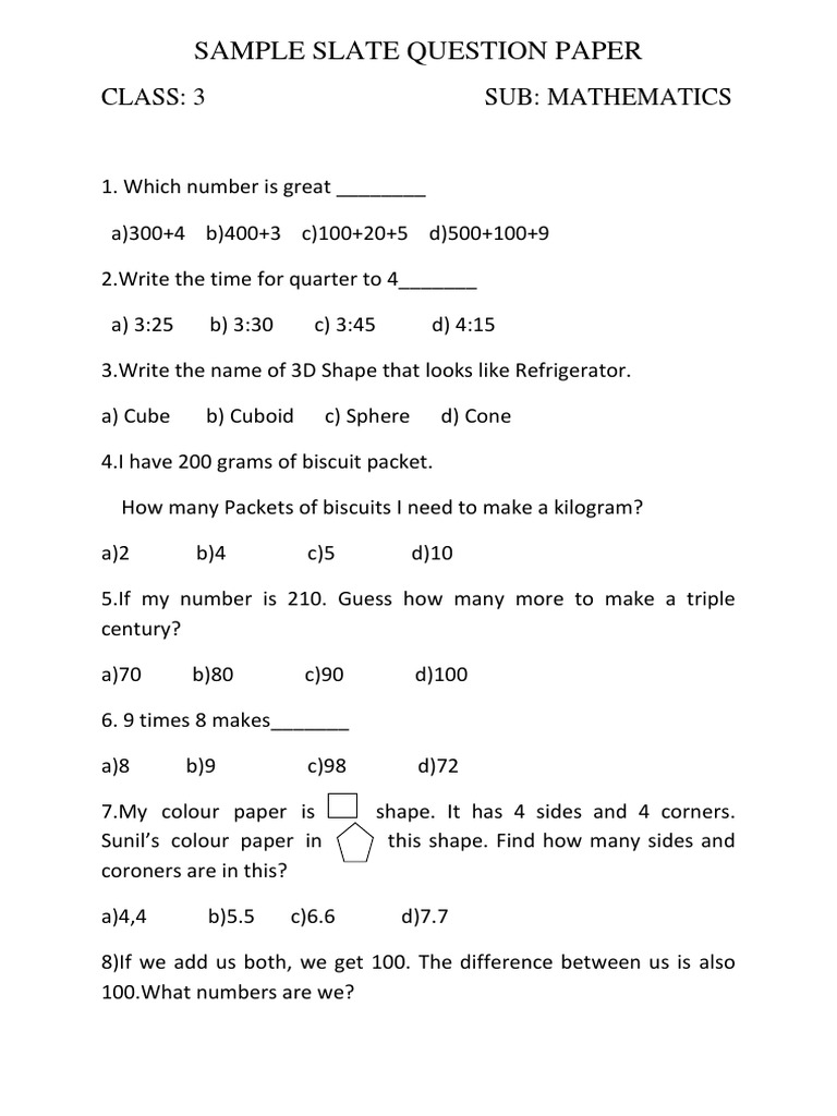 Sample Slate Question Paper: Class: 3 Sub: Mathematics | PDF | Litre ...