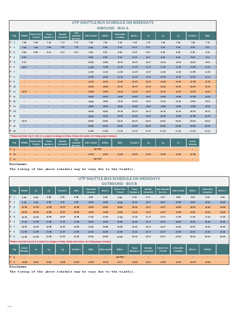 UTP Shuttle Service Schedule Weekdays 2019 | PDF