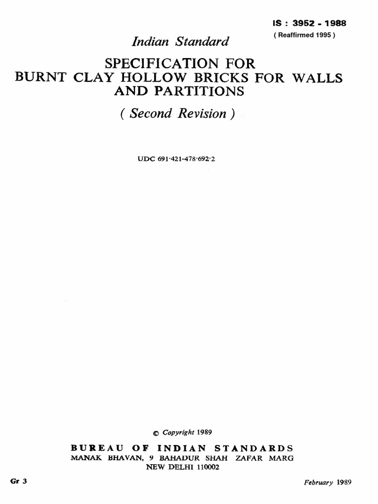 Specification For Burnt Clay Hollow Bricks For Walls and Partitions ...