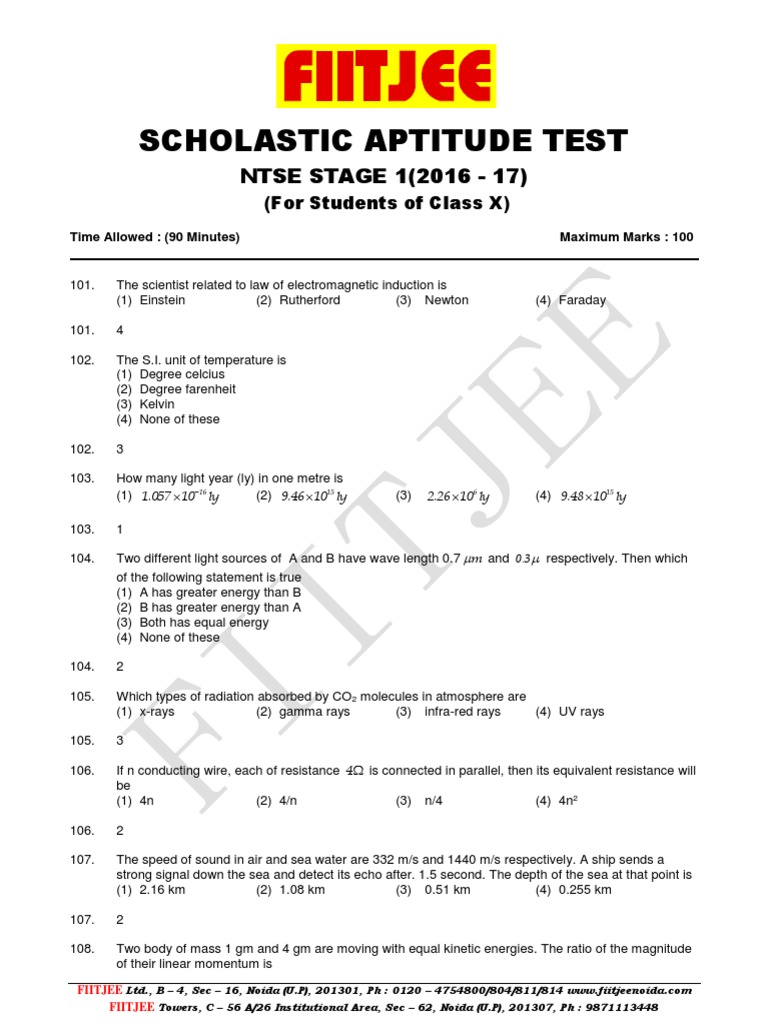 Scholastic Aptitude Test: NTSE STAGE 1 (2016 - 17) | PDF | Acid ...