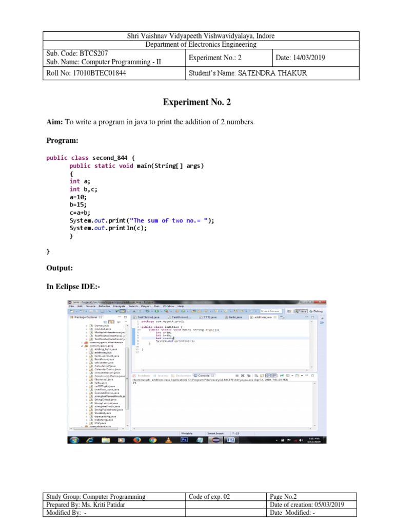 Experiment No 2 Aim To Write A Program In Java To Print The Addition Of 2 Numbers Program Pdf