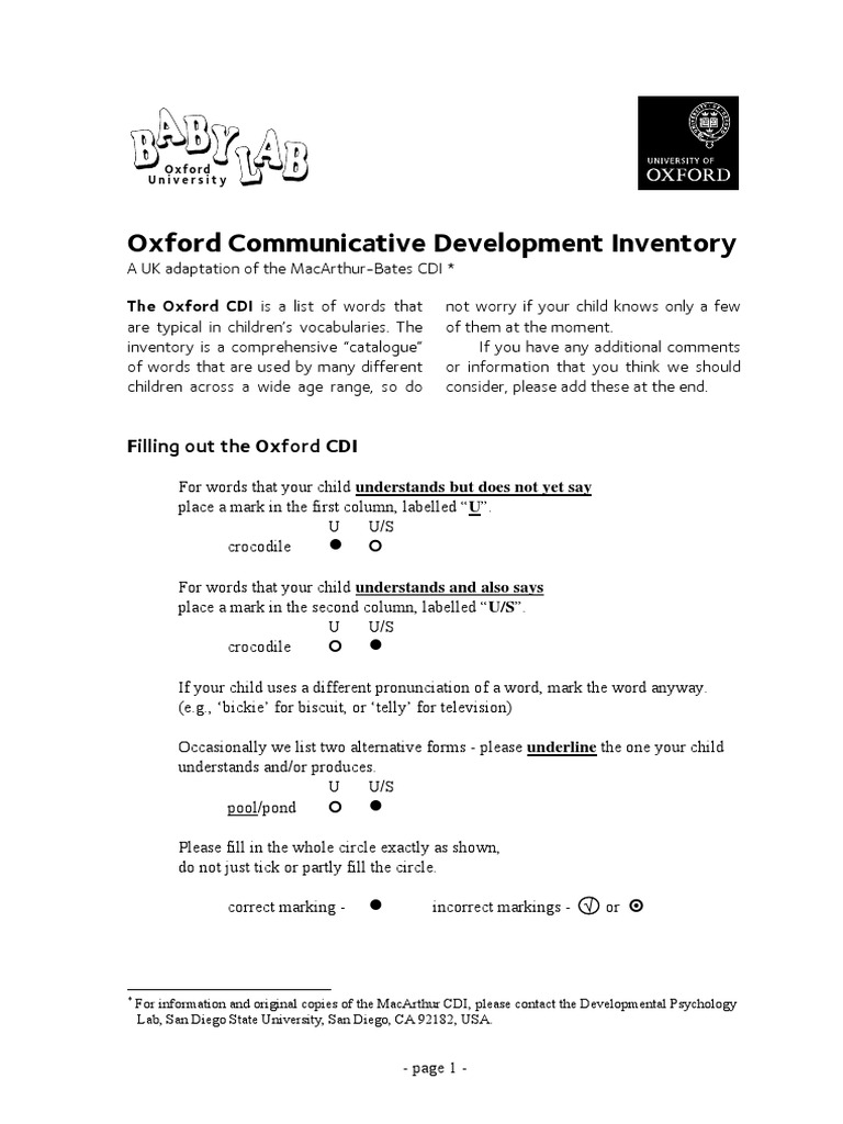 Oxford Communicative Development Inventory: Filling Out The Oxford CDI ...
