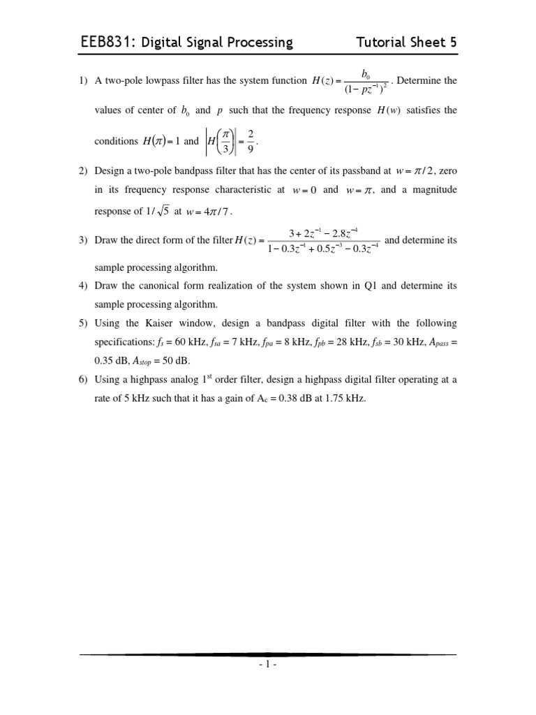 Digital Signal Processing Tutorial Sheet 5: PZ B Z H | PDF | Teaching ...