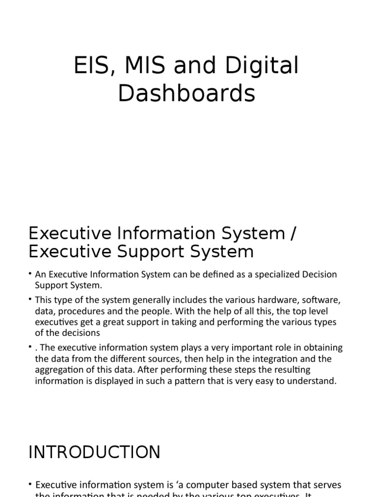 EIS, MIS and Digital Dashboard | PDF | Decision Support System ...