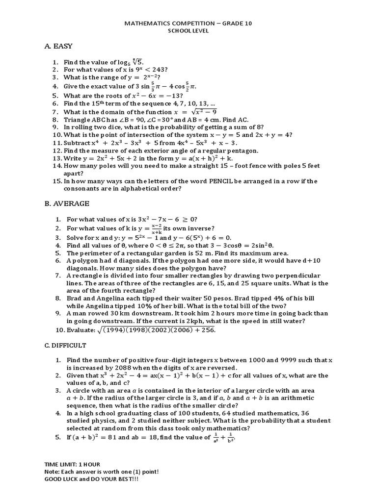 Grade 10 Math Comp Set 1 | PDF | Area | Rectangle