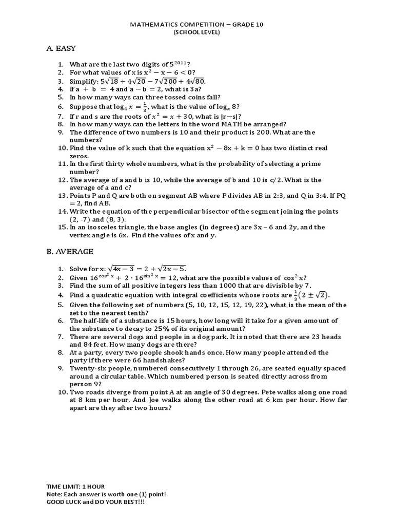 Grade 10 Math Competition Problems | PDF | Perpendicular | Equations