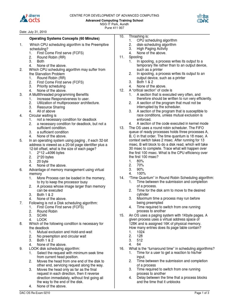 OS CDAC Question Paper PDF | PDF | Scheduling (Computing) | Process ...