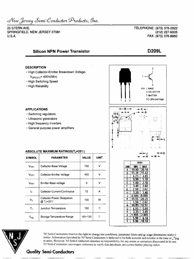 Silicon NPN Power Transistor D209L: Description | PDF | Bipolar ...
