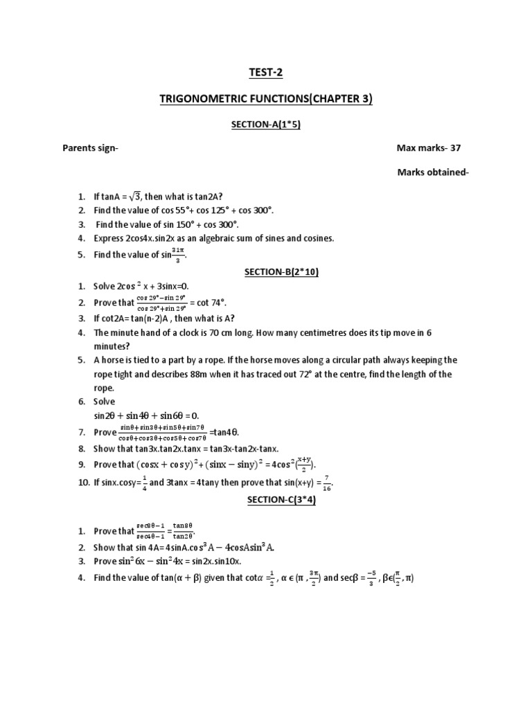 Trigonometric Functions Test Questions | PDF | Teaching Methods & Materials