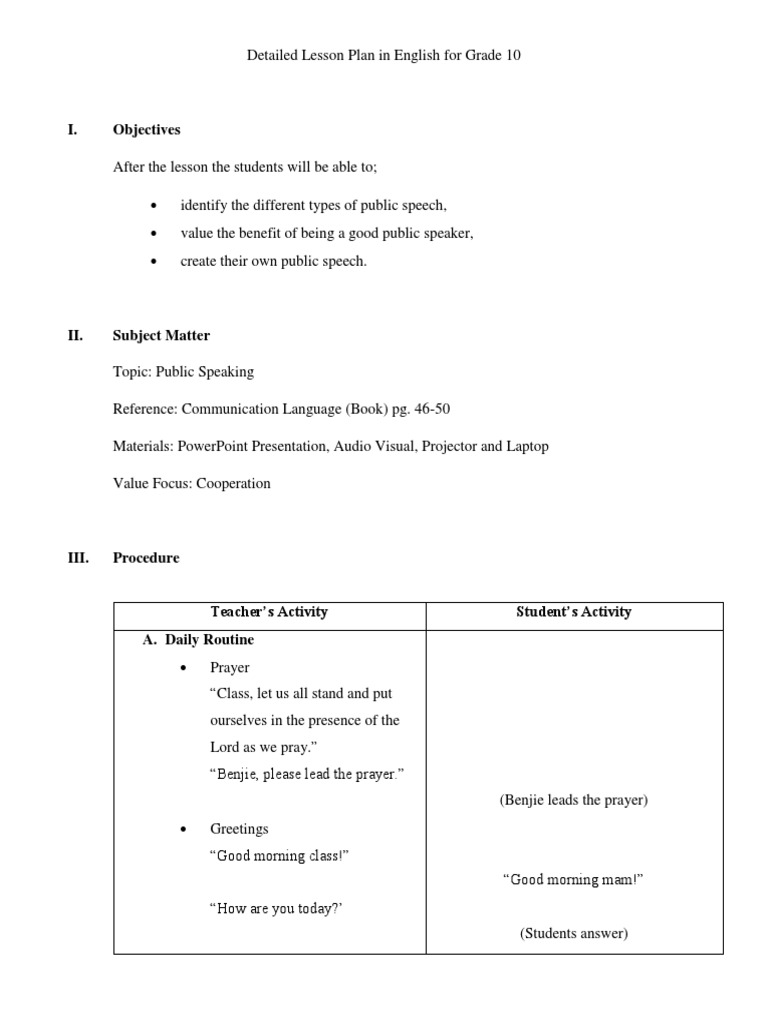 Grade 10 Public Speaking Lesson Plan | PDF | Public Speaking | Lesson Plan