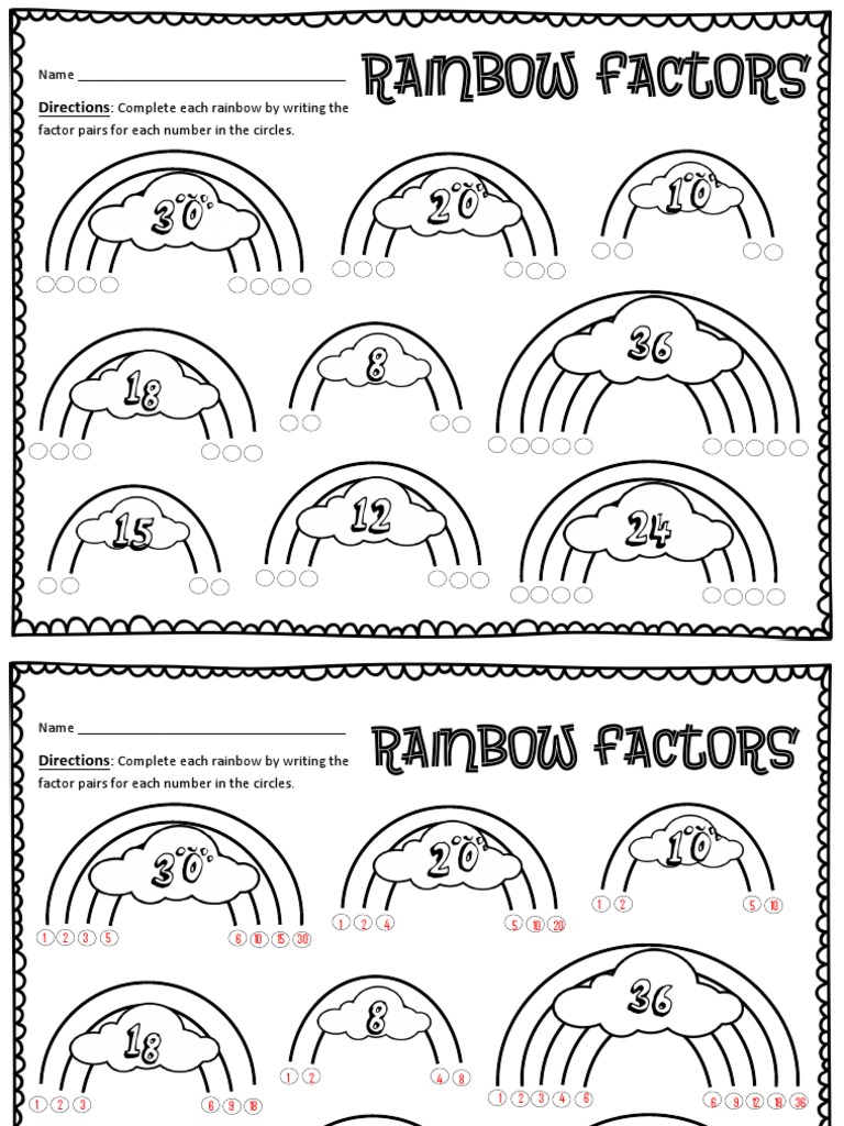 Factoring Numbers Rainbow Style Practice Worksheet | PDF
