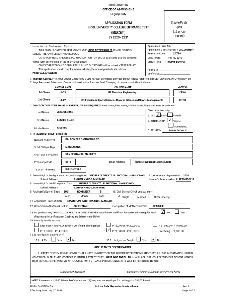 BUCET - Application Form PDF | PDF | Learning