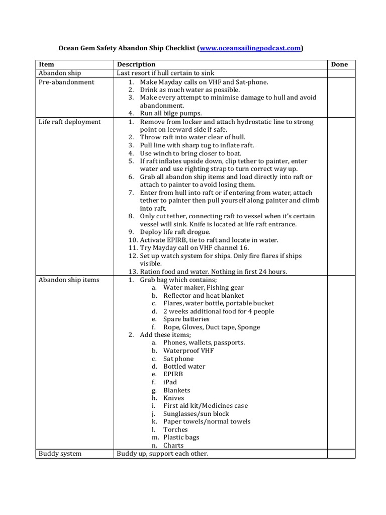 Ocean Gem Safety Abandon Ship Checklist PDF | PDF | Ships | Watercraft