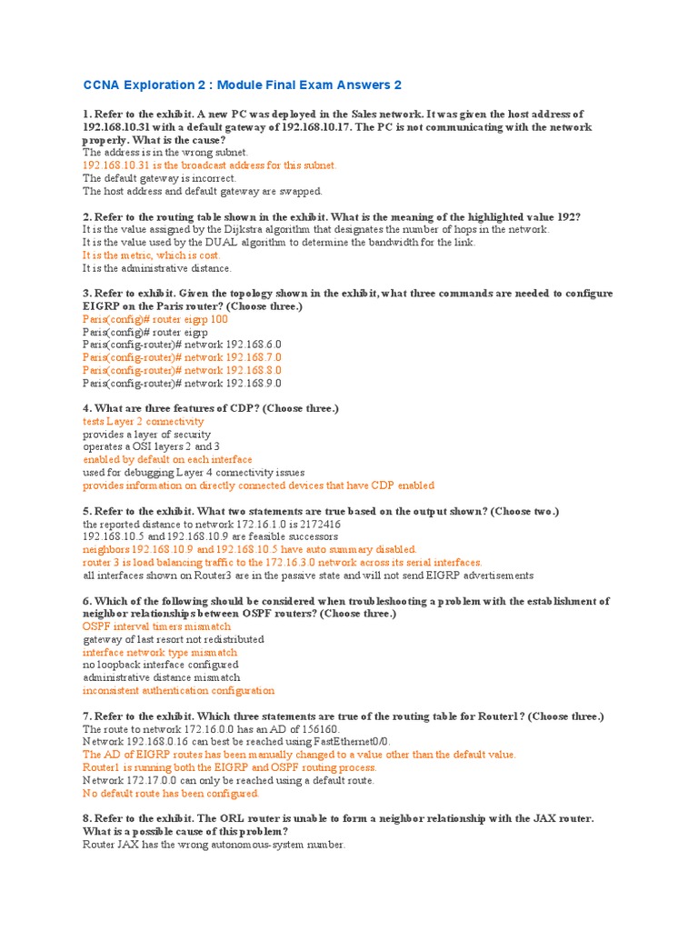 CCNA Exploration 2: Module Final Exam Answers 2 | PDF | Routing | Router (Computing)