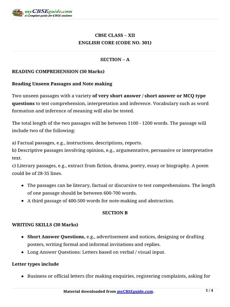 CBSE Class XII English Core Examination Structure and Format | PDF ...