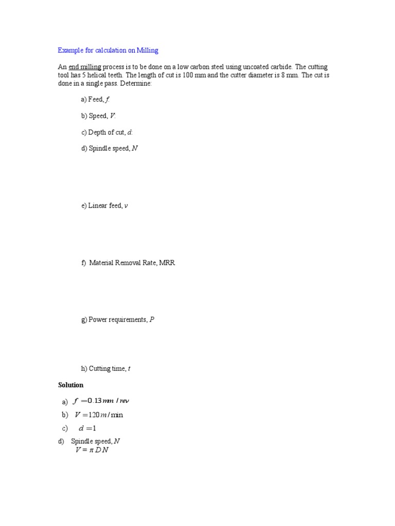 Milling Material Removal Rate Calculations | PDF | Torque | Metals