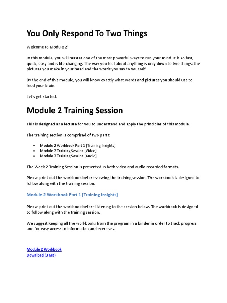 You Only Respond To Two Things: Module 2 Workbook Part 1 (Training ...