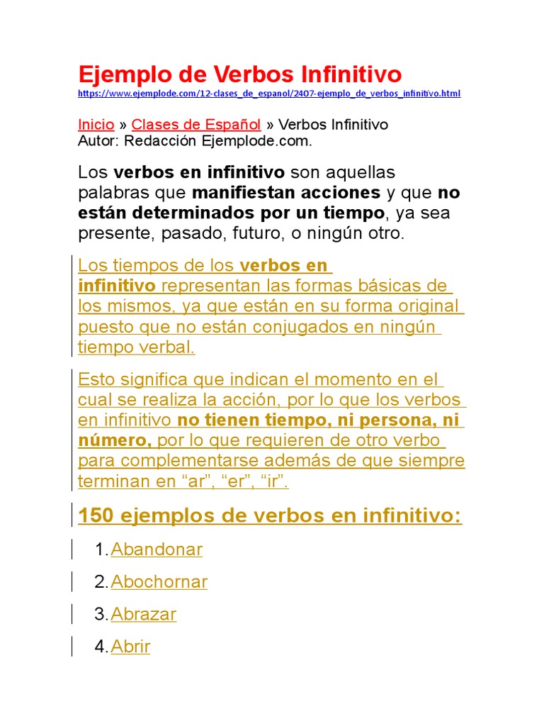 Ejemplo de Verbos Infinitivo | Verbo | Información