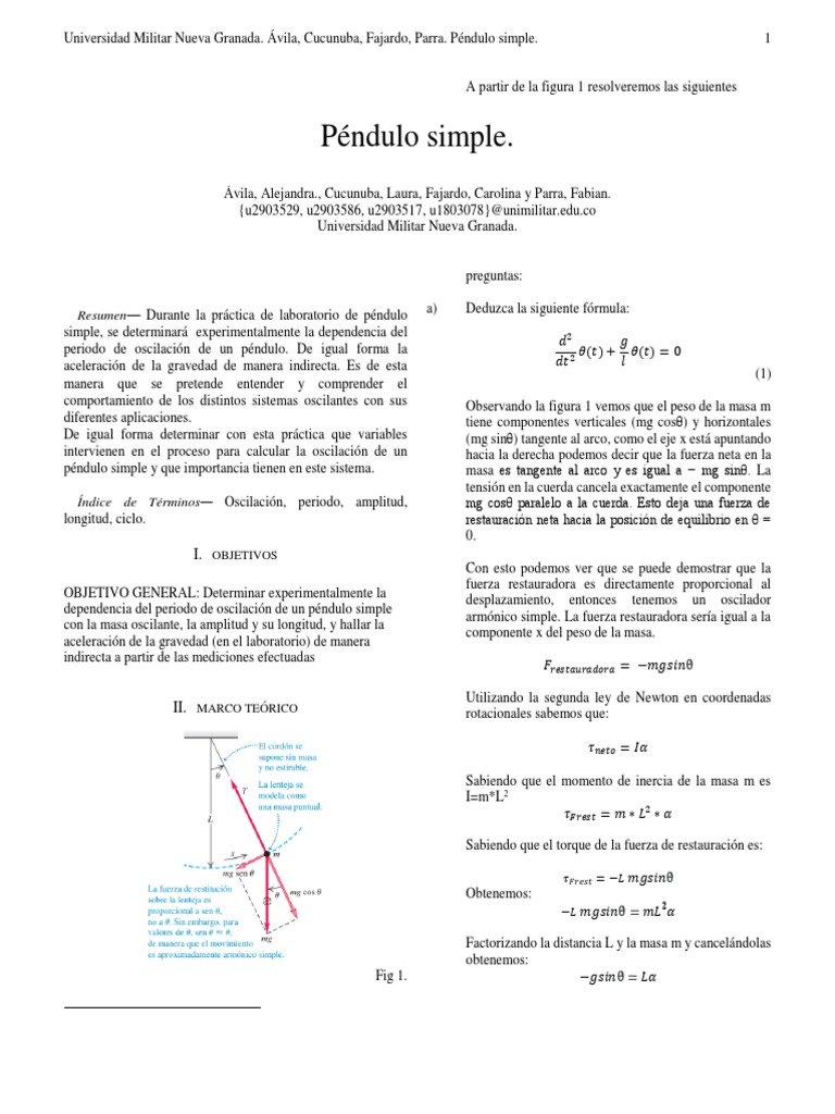 Preinforme e Informe Pendulo Simple | PDF | Péndulo | Masa
