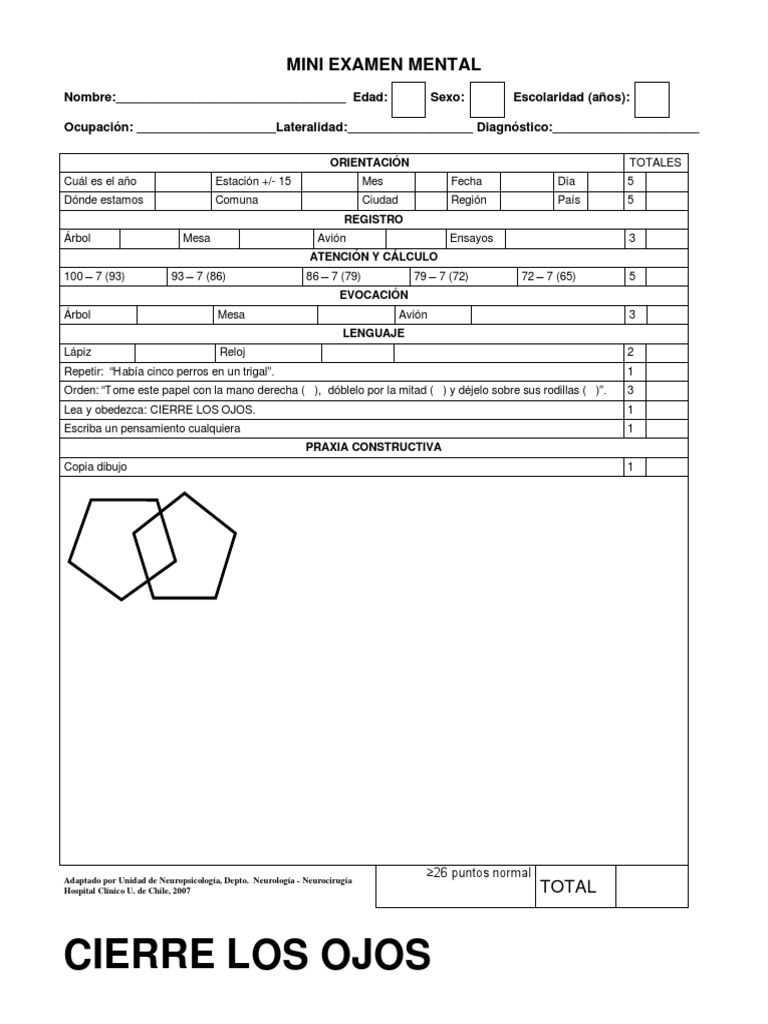EXAMEN COGNOSCITIVO - MINIMENTAL (MMSE) Español | PDF | Métodos y ...