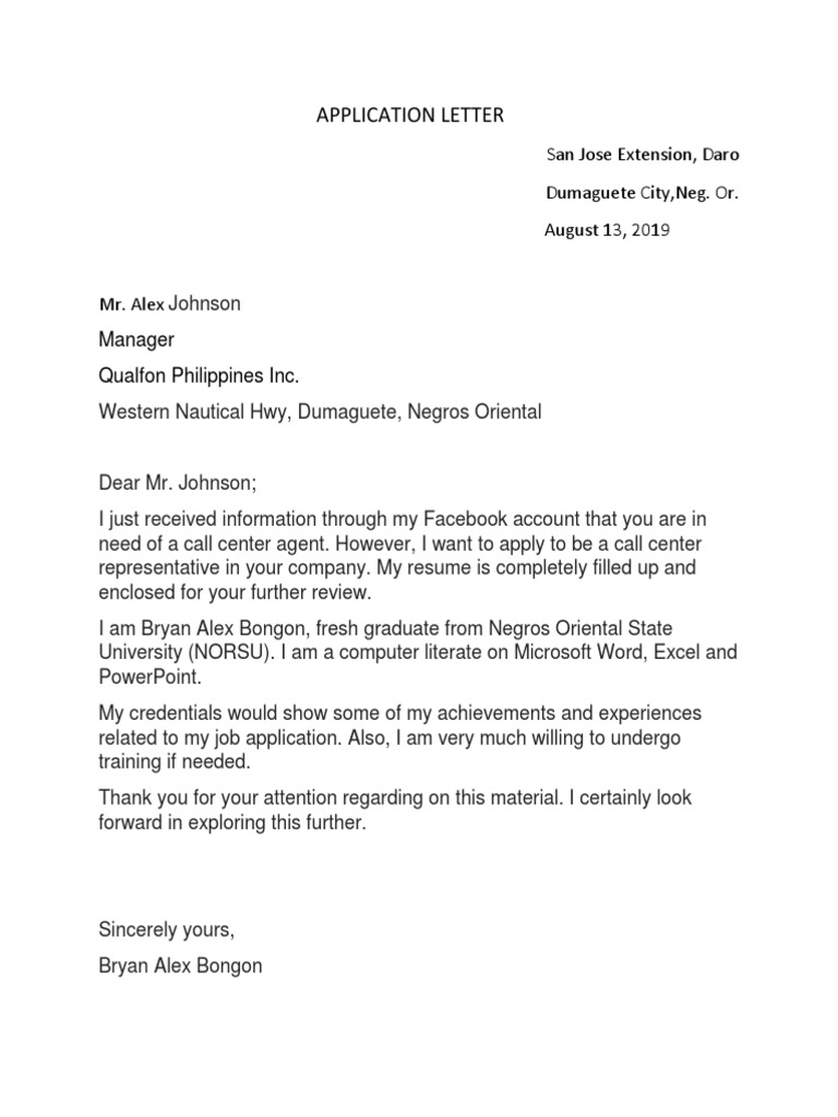 Application Letter: San Jose Extension, Daro Dumaguete City, Neg. Or ...