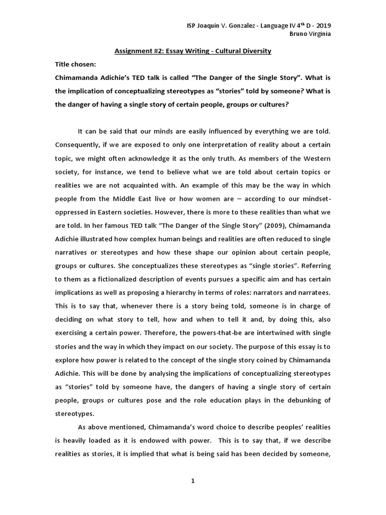 Chimamanda Adichie’s TED talk “The Danger of the Single Story” analysis ...