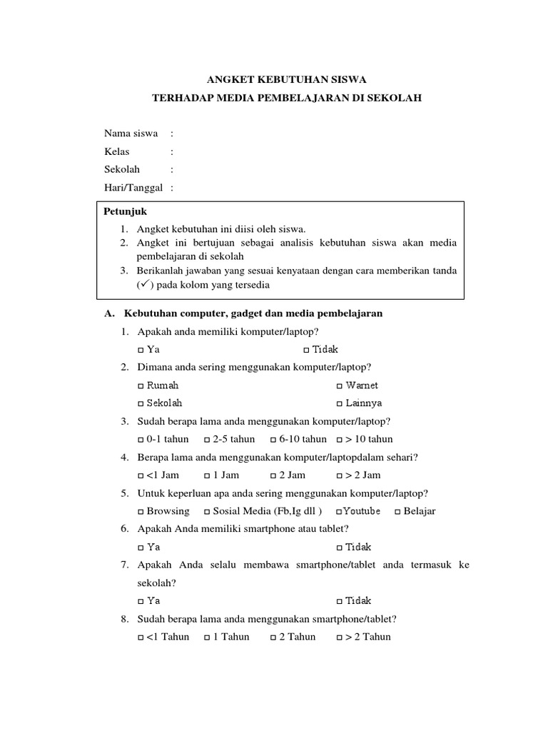 1a. Analisis Kebutuhan Siswa Rev - Angket | PDF