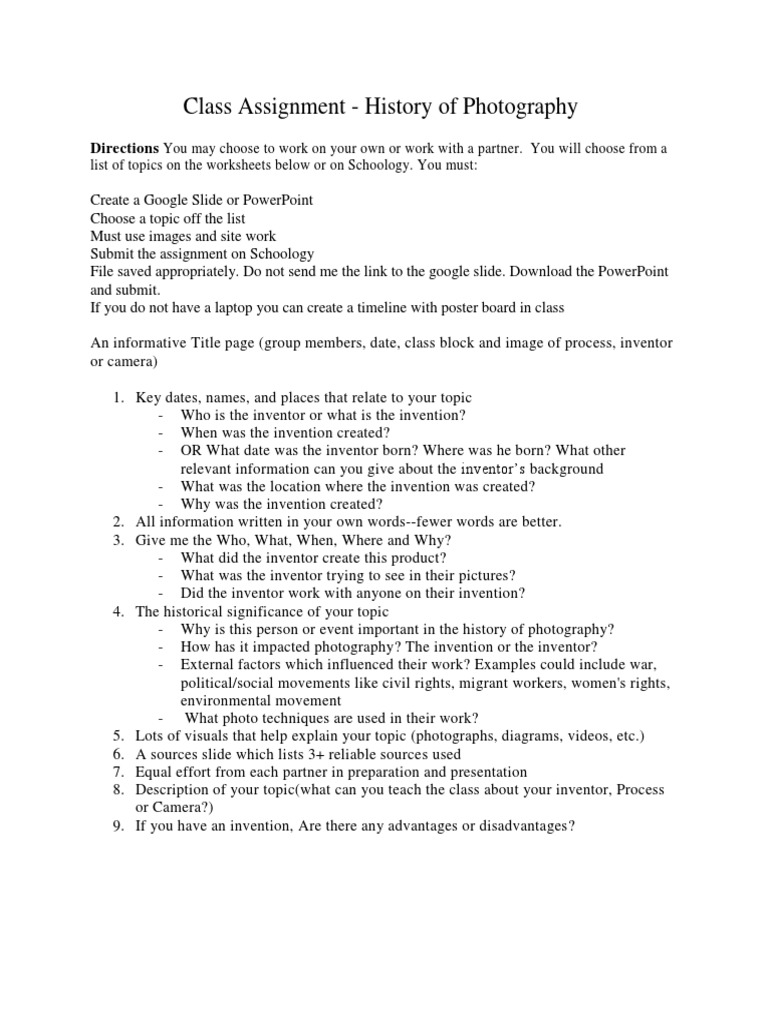 Photography History Assignment Guide | PDF