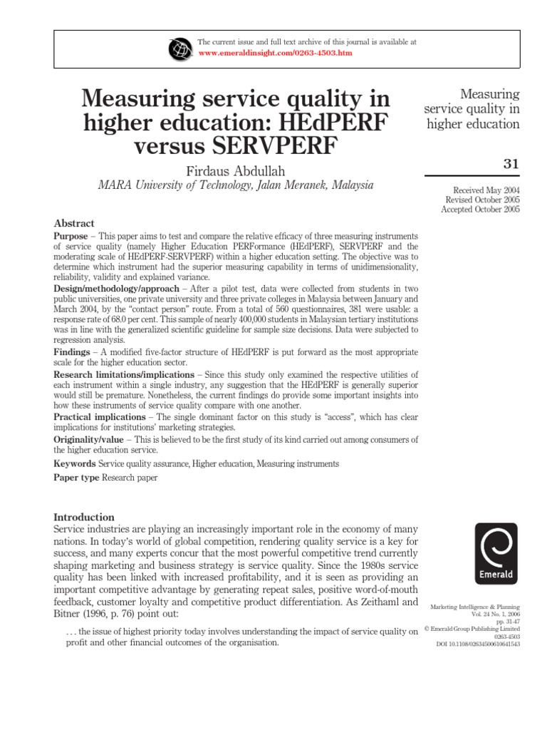 Measuring Service Quality in Higher Education: Hedperf Versus Servperf ...